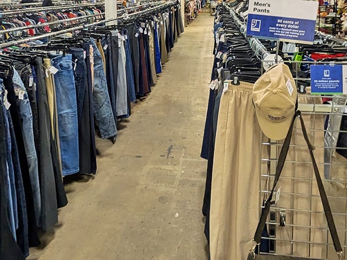 The men's pants aisle—where khakis and jeans create a canyon of possibilities for guys who hate paying retail.