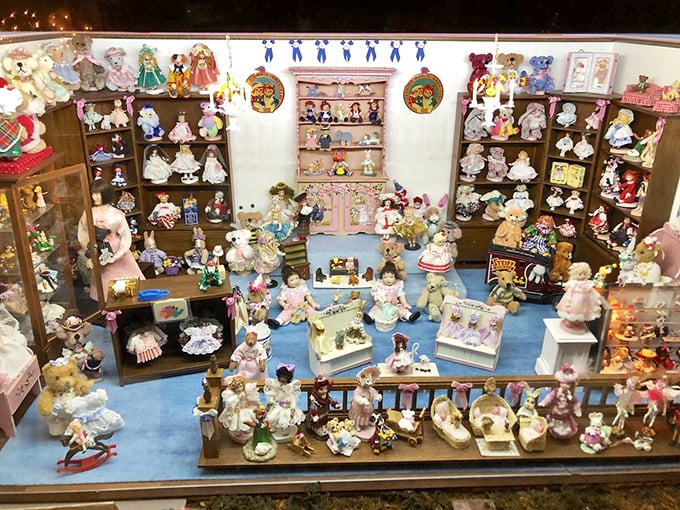 A tiny toy shop bursting with dolls and teddy bears—proof that even in the miniature world, there's always room for more collectibles.