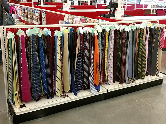 The necktie gallery—where corporate America's past dangles in colorful rows. Perfect for job interviews or ironic hipster wedding attire.