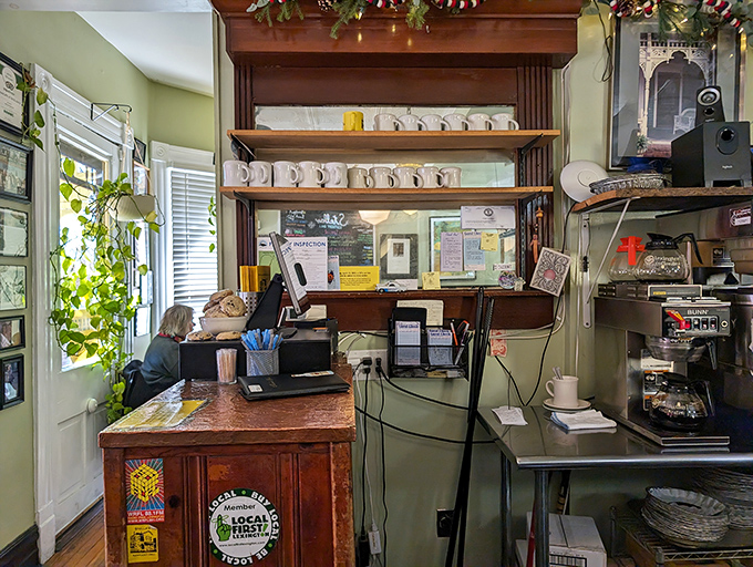 The order counter feels like the heart of a home kitchen, complete with coffee mugs standing at attention, ready for their caffeine duty.