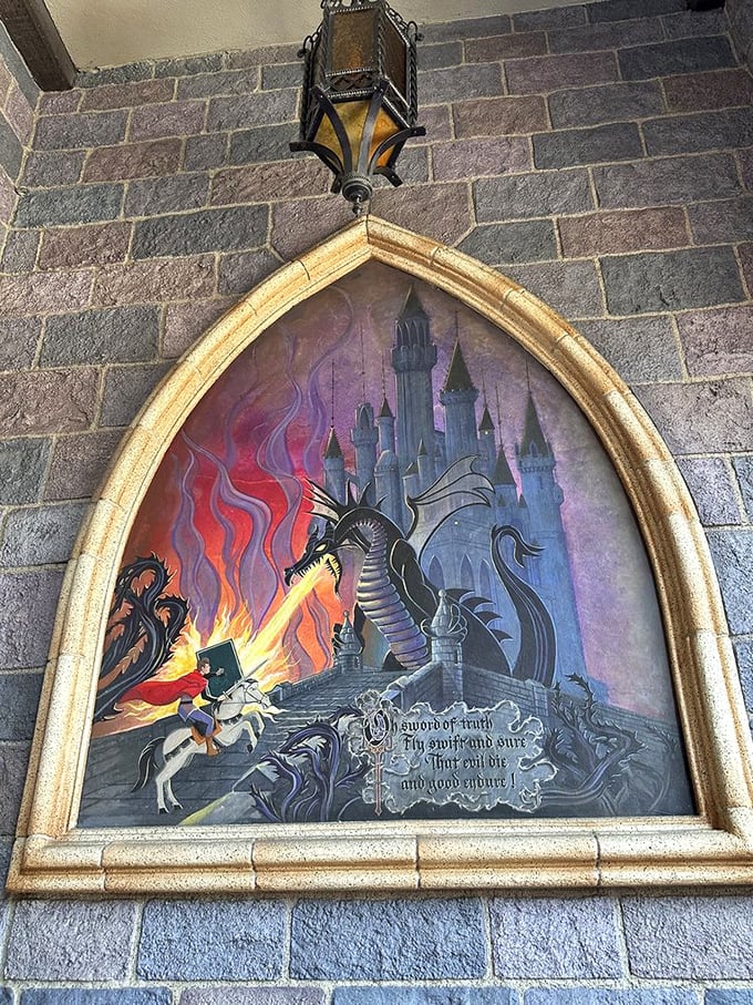 This dramatic battle scene captures Prince Phillip facing Maleficent's dragon form—medieval storytelling with Hollywood flair.