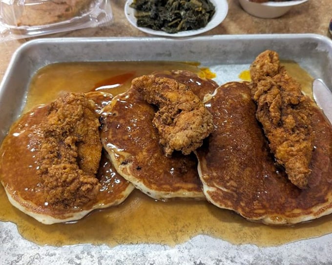Pancakes and chicken tenders—proof that breakfast and dinner can coexist beautifully on one glorious, syrup-drenched plate.