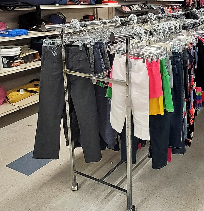 The pants section – a denim rainbow where yesterday's fashion becomes tomorrow's "vintage find" with the change of a decade.