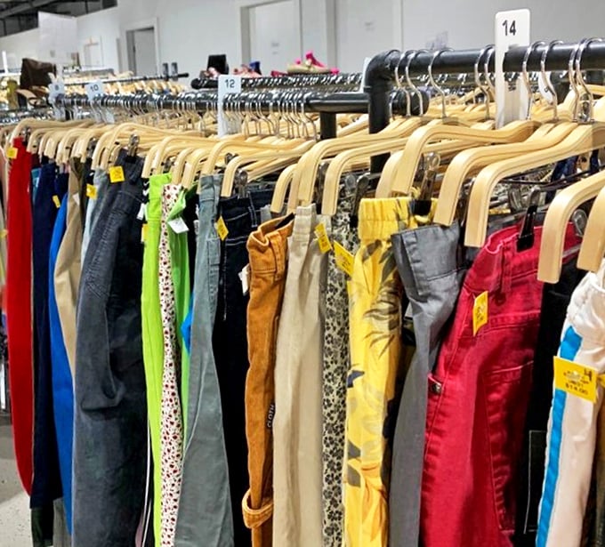 Pants paradise – where denim in every conceivable color and cut hangs in perfect formation, like a rainbow of leg-hugging possibilities.