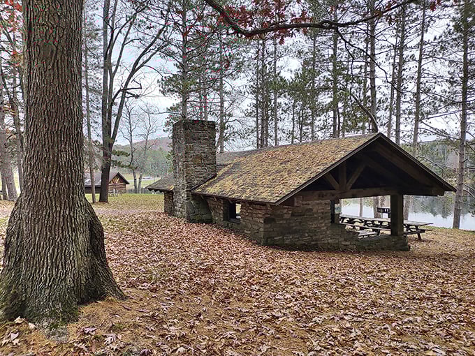 This CCC-built stone pavilion has witnessed decades of family gatherings. Fall's golden carpet adds nature's decorative touch to this historic shelter.