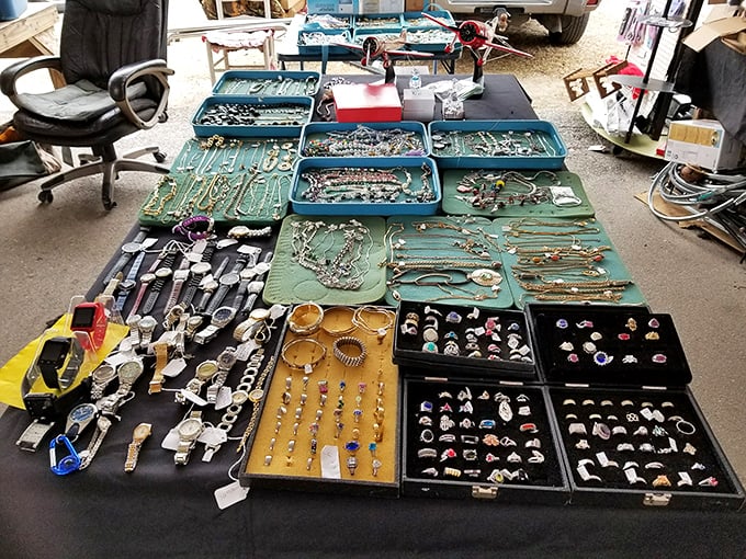 A jewelry prospector's dream—trays of potential sparkle await new wrists, necks, and fingers. Treasure hunting without the metal detector.