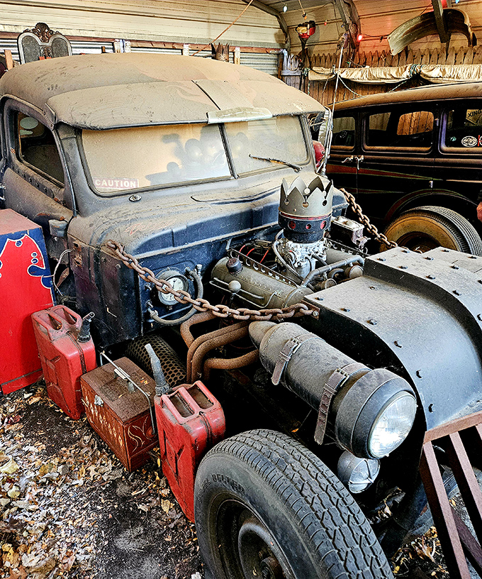 Even the garage houses curiosities - this rat rod looks like it drove straight out of a post-apocalyptic road movie.