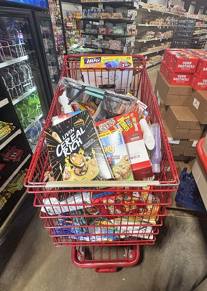 The cart of champions! A treasure trove of bargains that tells the story of someone who came for milk and left with a feast.