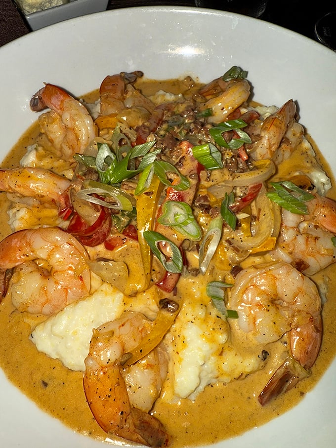 Low-country alchemy: plump shrimp swimming in a sauce so good you'll contemplate drinking it when nobody's looking.