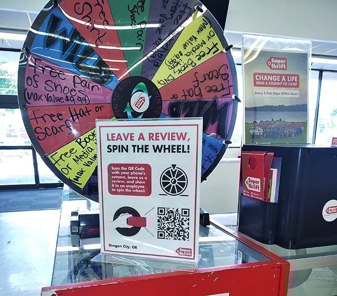 The prize wheel adds carnival flair to the thrifting experience—leave a review, spin the wheel, and possibly win something to make your bargains even sweeter.