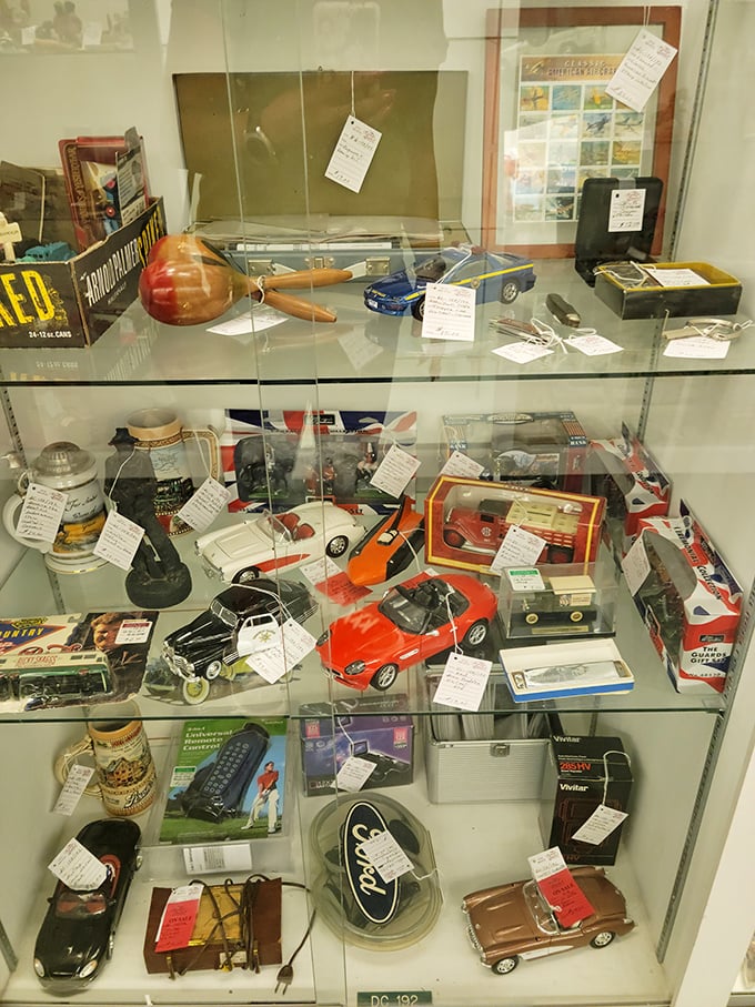 Miniature cars and collectibles await behind glass, each tiny vehicle carrying outsized memories of childhood dreams and adult collecting passions.