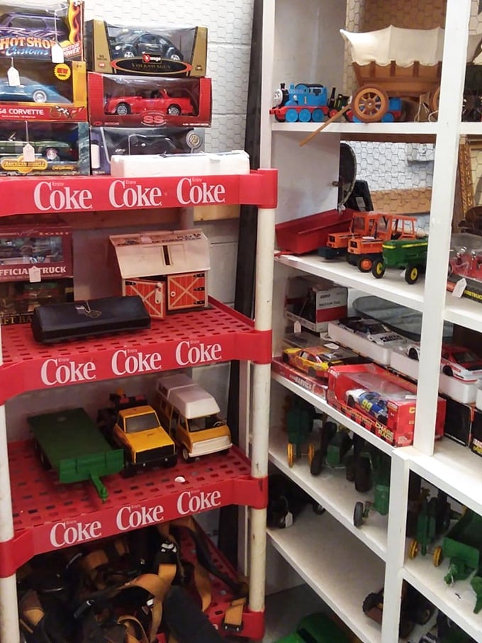 Vintage toys that would make any collector's heart race. Those Coca-Cola shelves hold childhood memories for sale—no batteries required.