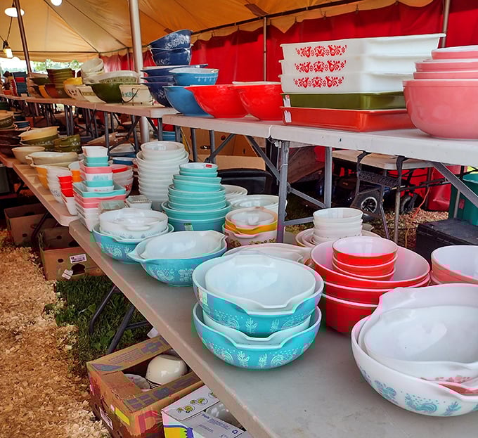 The holy grail for vintage kitchen enthusiasts – Pyrex in those unmistakable turquoise and red patterns that grandma's casseroles called home.