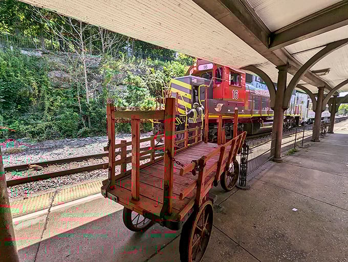 That vintage luggage cart isn't just for show—it's a rolling reminder of when travel was an occasion and suitcases weren't required to have wheels.