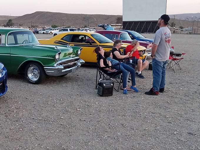 Classic cars and lawn chairs—the perfect combination for movie enthusiasts who understand that viewing style matters.