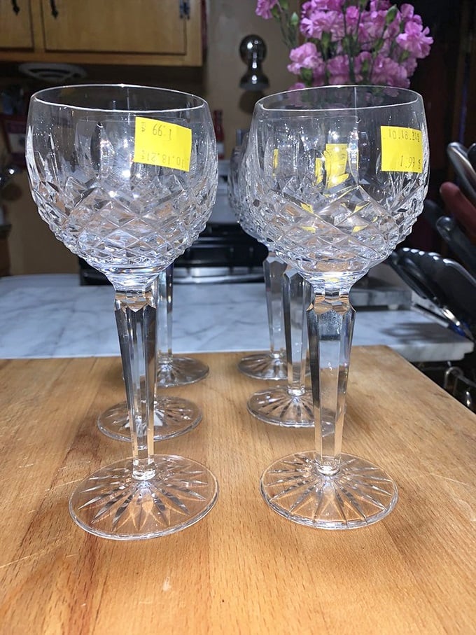 Crystal stemware that once clinked at fancy soirées now sports yellow tags instead of champagne. Elegance doesn't always require a splurge.