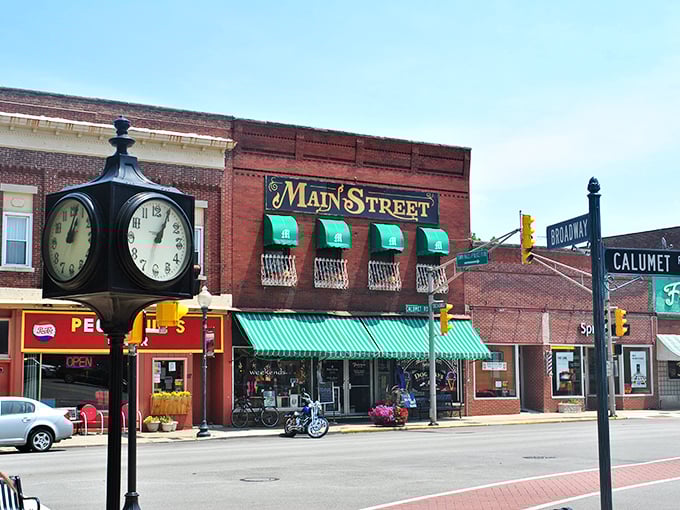 That vintage clock keeps perfect time in Chesterton, where life moves slower and people actually stop to chat.
