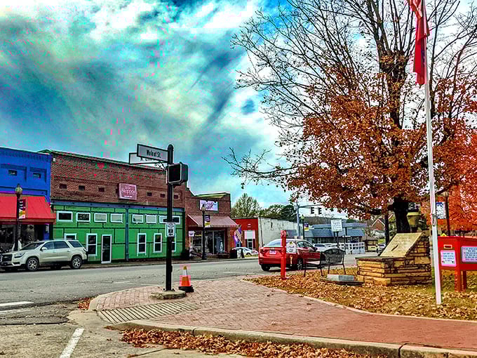 Colorful downtown buildings pop against dramatic fall foliage – Magazine Mountain's presence makes this valley town feel extra special.