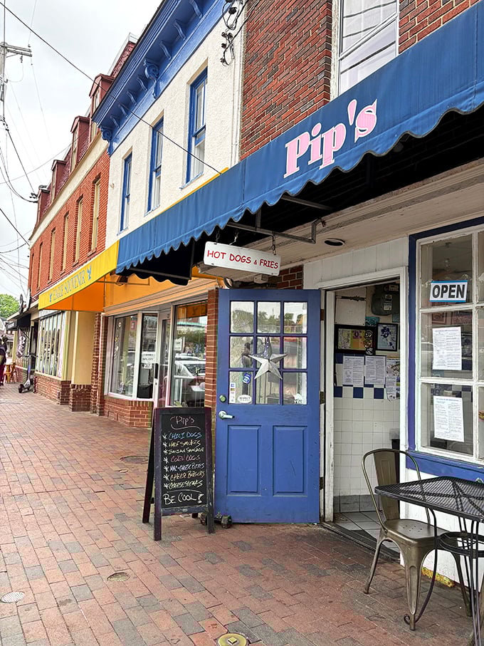 Pip's blue storefront with its nautical charm fits perfectly into Annapolis' historic landscape – a hot dog haven with maritime flair.