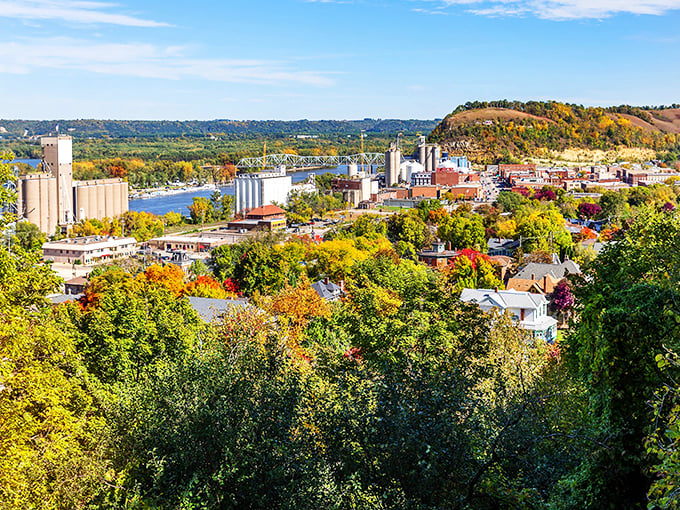 Autumn colors frame a river town where scenic beauty and affordable living flow together like the mighty Mississippi below.