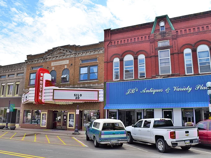 "Now showing: Incredible Savings!" Webster City's vintage theater marquee could easily advertise the town's shockingly low cost of living instead of movies.
