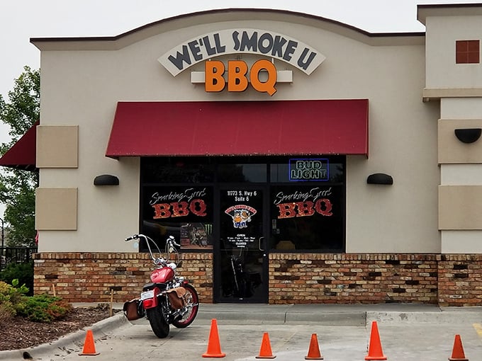 Bold signage and clean lines announce that serious barbecue happens behind these modern walls.