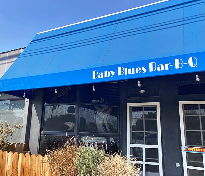 Dodger blue meets BBQ! Baby Blues' colorful exterior brings a playful Venice vibe to traditional Southern smoking techniques.